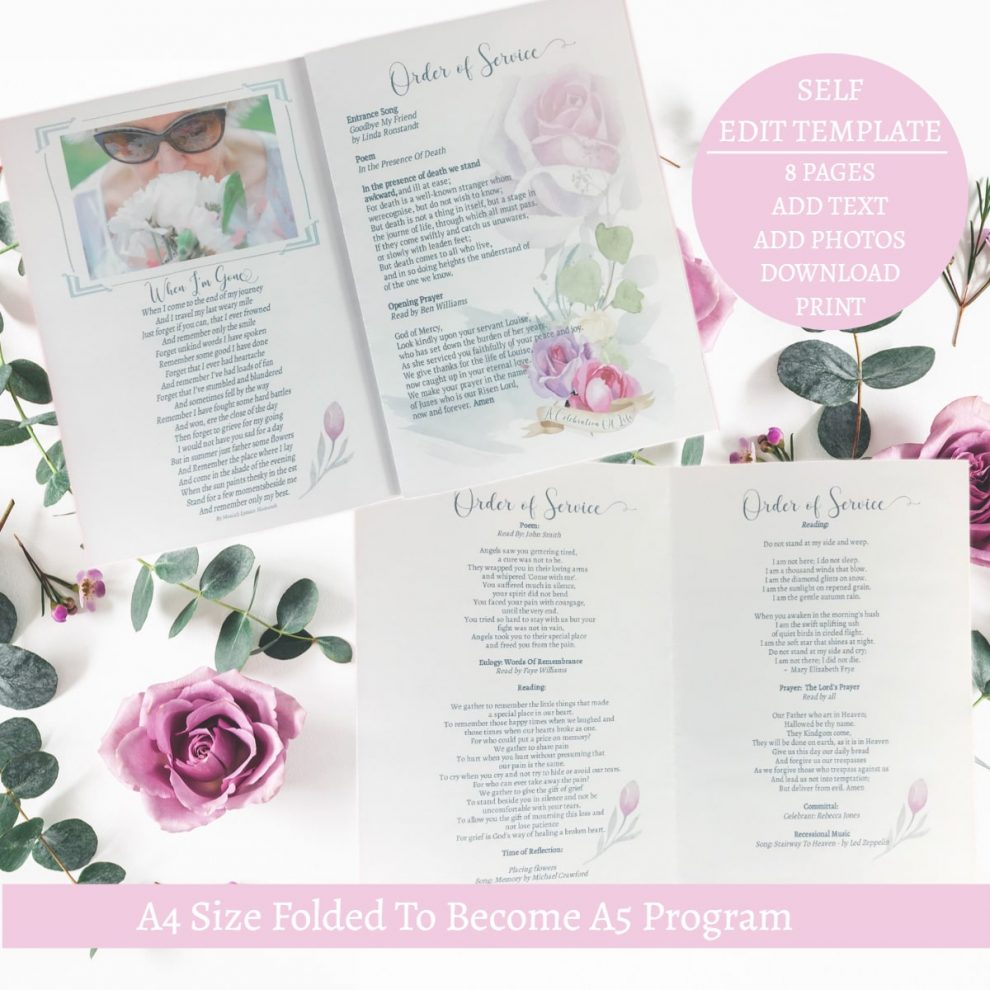 Rose 8 Page Order Of Service Template - Funeral - Saying Farewell