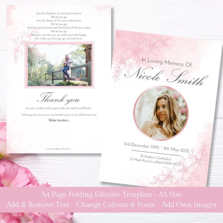Pink Floral 4 Page Order Of Service Template - Funeral - Saying Farewell